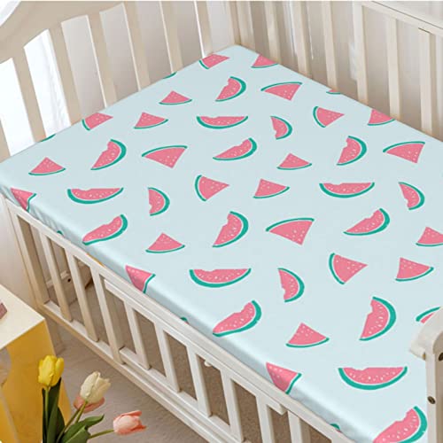 Watermelon Themed Fitted Mini Crib Sheets,Portable Mini Crib Sheets Toddler Bed Mattress Sheets-Baby Crib Sheets for Girl or Boy,24“ x38“,Pastel Pink Dark Seafoam Pale Blue