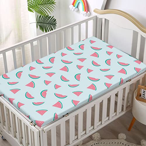 Watermelon Themed Fitted Mini Crib Sheets,Portable Mini Crib Sheets Toddler Bed Mattress Sheets-Baby Crib Sheets for Girl or Boy,24“ x38“,Pastel Pink Dark Seafoam Pale Blue