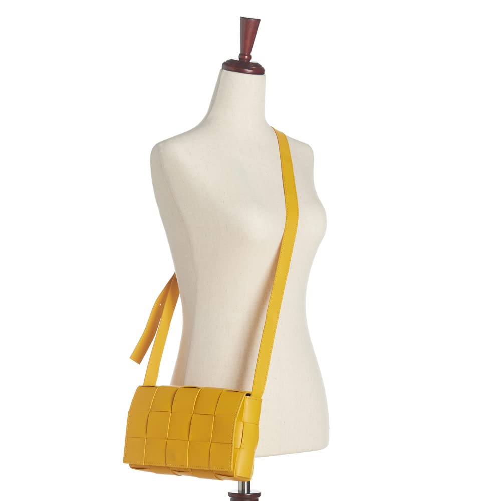 Olivia Miller Women's Fashion Ainsly Yellow Mustard Woven Faux PU Leather w Front Flap, Small Cassette Crossbody Bag w Adjustable Shoulder Strap, Casual Trendy Purse Handbag