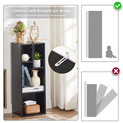 VECELO 3-Tier Small Bookcase, 4 Cube Bookshelf with Height Difference Shelves for Most Books, Modern Floor Standing Unit, Each Shelf Hold Up to 66 LBS for Living Room Bedroom, Black