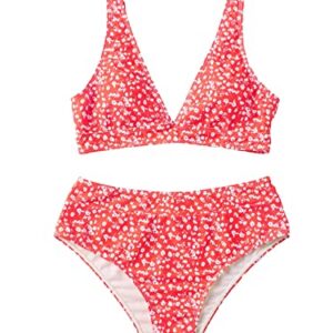 Floerns Women's High Waist Bikini Swimsuit Floral Print V Neck Bathing Suit Watermelon Pink L