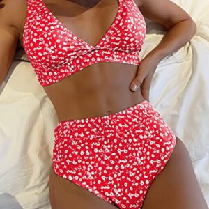 Floerns Women's High Waist Bikini Swimsuit Floral Print V Neck Bathing Suit Watermelon Pink L