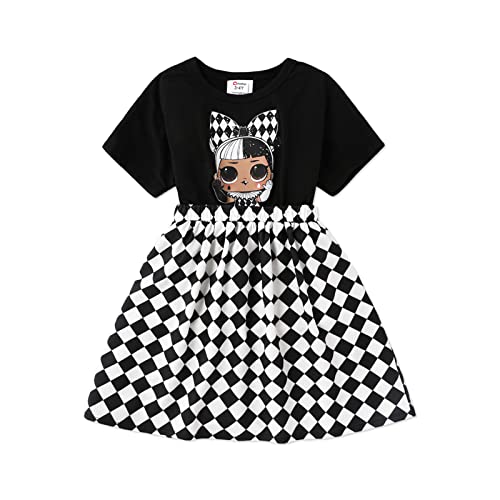 L.O.L. Surprise! Toddler Girls Dresses Plaid Splice A-line Dress Crew Neck Short Sleeve Party Dress Black 3-4 Years