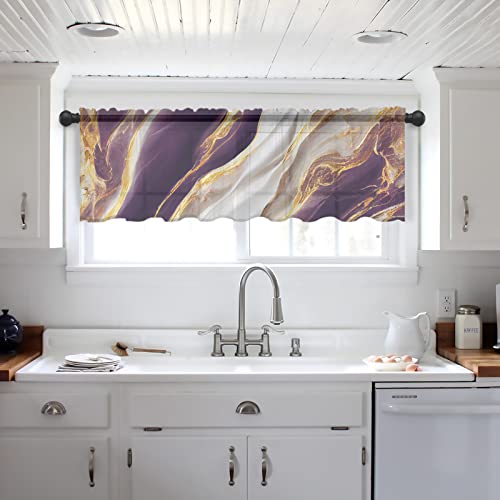 ZOE GARDEN Marble Purple Valance Curtains for Kitchen/Living Room/Bathroom/Bedroom Window, Rod Pocket Small Topper Half Short Window Curtains Voile Sheer Scarf, Abstract Gold White Modern Art 54"x18"