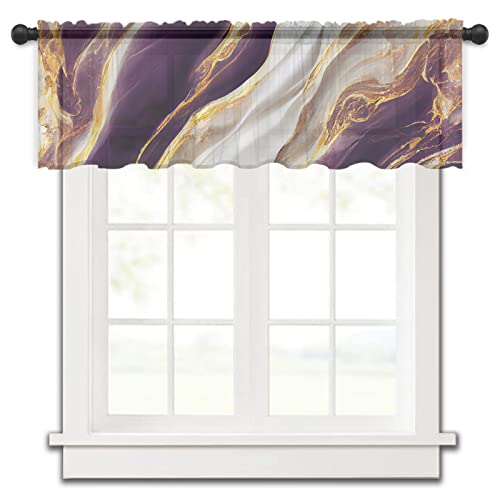 ZOE GARDEN Marble Purple Valance Curtains for Kitchen/Living Room/Bathroom/Bedroom Window, Rod Pocket Small Topper Half Short Window Curtains Voile Sheer Scarf, Abstract Gold White Modern Art 54"x18"