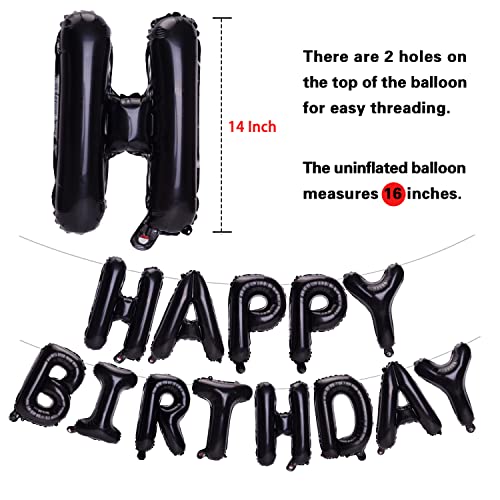 PIGETALE Black Happy Birthday Balloons Banner, 16 Inch Mylar Foil Letters Happy Birthday Sign Bunting Inflatable Reusable 3D Hanging Letter Kit Set for Girls Boys Kids Adults Birthday Decorations