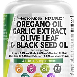 Oregano Oil 6000mg Garlic Extract 4000mg Olive Leaf 3000mg Black Seed Oil 3000mg - Immune Support & Digestive Health Supplement for Women and Men with Vitamin D3 and Zinc - Made in USA 60 Caps