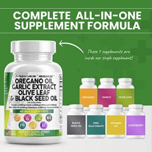 Oregano Oil 6000mg Garlic Extract 4000mg Olive Leaf 3000mg Black Seed Oil 3000mg - Immune Support & Digestive Health Supplement for Women and Men with Vitamin D3 and Zinc - Made in USA 60 Caps