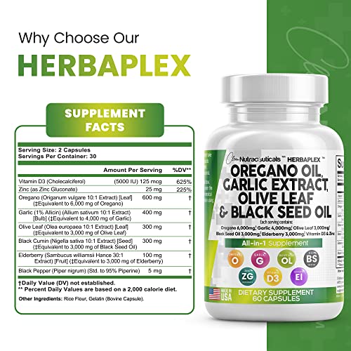 Oregano Oil 6000mg Garlic Extract 4000mg Olive Leaf 3000mg Black Seed Oil 3000mg - Immune Support & Digestive Health Supplement for Women and Men with Vitamin D3 and Zinc - Made in USA 60 Caps