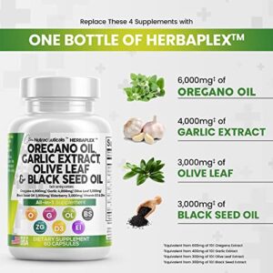 Oregano Oil 6000mg Garlic Extract 4000mg Olive Leaf 3000mg Black Seed Oil 3000mg - Immune Support & Digestive Health Supplement for Women and Men with Vitamin D3 and Zinc - Made in USA 60 Caps