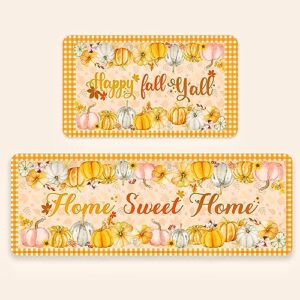 fall kitchen mats, happy fall yall kitchen rugs for floor set of 2, pumpkins kitchen rugs and mats non slip, autumn leaves sunflower home sweet home decor gifts for office laundry, 17x29+17x47 inch