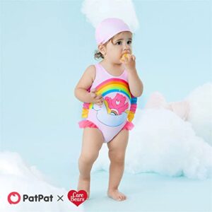 PATPAT Care Bears Baby Girls One Piece Swimsuit Infant Ruffle Trim Swimwear Cute Bear Print Bathing Suit and Cap Light Pink 6-9 Months