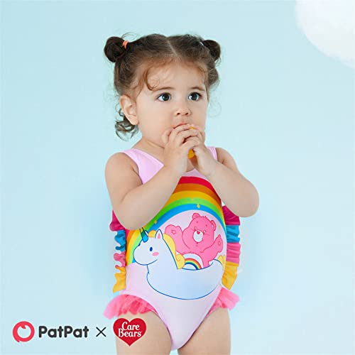 PATPAT Care Bears Baby Girls One Piece Swimsuit Infant Ruffle Trim Swimwear Cute Bear Print Bathing Suit and Cap Light Pink 6-9 Months