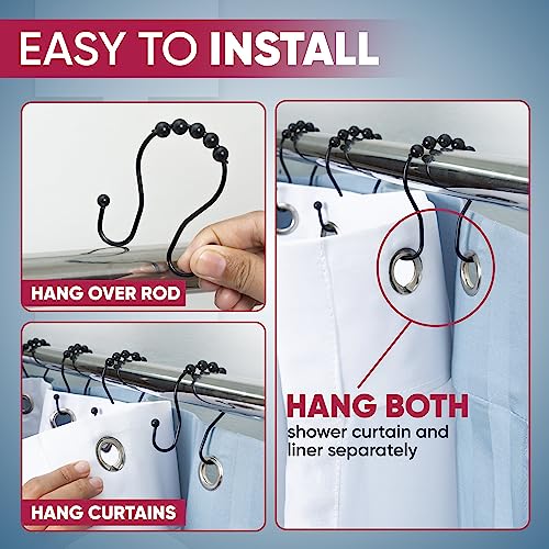 Black Shower Curtain Hooks Rust Proof (Set of 12) - Stainless Steel Black Shower Curtain Rings - Balance Sliding Roller Balls for Easy Glide & Install - Black Shower Hooks for Shower Curtain (Black)