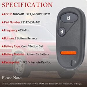 Key Fob Remote Replacement Fits for Honda Civic 2001 2002 2003 2004 2005 / Honda Pilot 2003 2004 2005 2006 2007 NHVWB1U523 / NHVWB1U521 Keyless Entry Remote Control 72147-S5A-A01