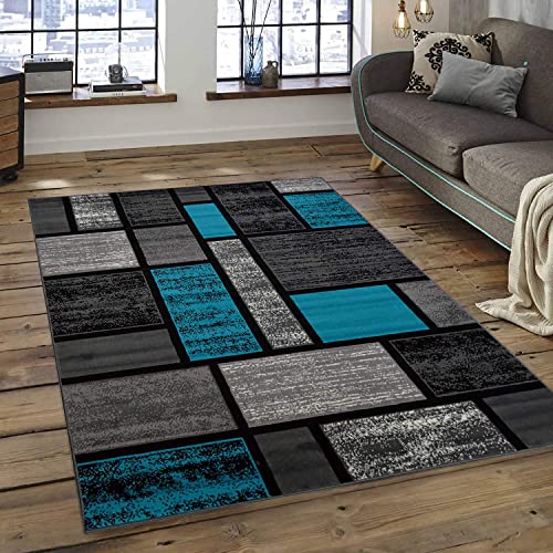 Modern Contemporary Boxes Design Soft Indoor Area Rug Blue Carpet (7’ 8” X 10’ 8”)