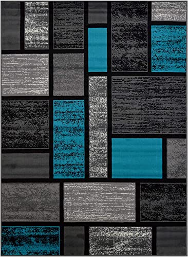 Modern Contemporary Boxes Design Soft Indoor Area Rug Blue Carpet (7’ 8” X 10’ 8”)