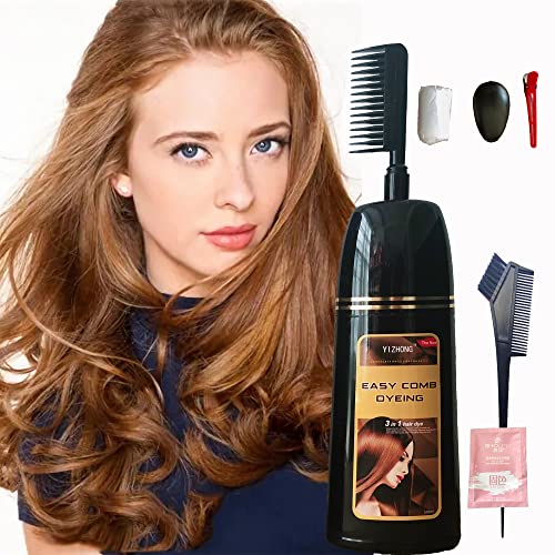 Brown Hair Dye Shampoo YIZHONG Light Golden Brown Hair Color For Gray Hair Coverage Permanent Hair Dye Shampoo For Women Men Easy Comb Dyeing