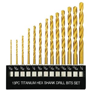 gmtools 13 pcs titanium coated twist hex shank drill bit set, 135 degree tip hss impact drill bit set with storage case for metal, aluminum, steel, wood, plastic, quick change design 1/16" to 1/4"