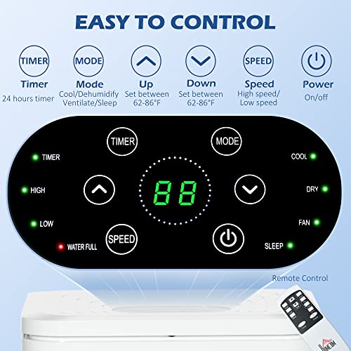 HOMCOM 8,000 BTU Portable Air Conditioners with Remote, for Rooms Up to 344 Sq. Ft., Cool Dehumidifier Fan 3-in-1 Portable AC Unit with Window Kits, White