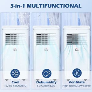 HOMCOM 8,000 BTU Portable Air Conditioners with Remote, for Rooms Up to 344 Sq. Ft., Cool Dehumidifier Fan 3-in-1 Portable AC Unit with Window Kits, White