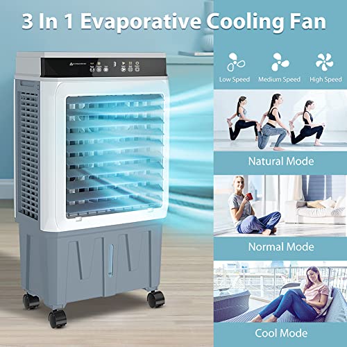 LifePlus Evaporative Air Cooler, 3200 CFM Portable Swamp Cooler with Remote, 7.9 Gallon Portable Air Conditioner with Wheels, 3 Speed Cooling Fan, 4 Ice Packs for Room Garage Patio