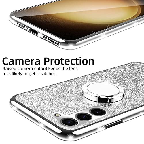 Phone Case for Galaxy S23 Plus (6.6-inch), for Samsung Galaxy S23 Plus 5G Case with Ring Kickstand Lanyard Bumper Shockproof Protection Case Cute Soft TPU Glitter Cover for Girls Women Men - Silver