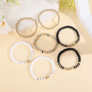 7PCS Surfer Colorful Clay Beads Stretch Bracelets Bohemian Stackable Gold Beads Vinyl Disc Elastic Bracelets Multilayer Summer Beach Jewelry Set-Black