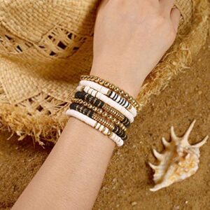 7PCS Surfer Colorful Clay Beads Stretch Bracelets Bohemian Stackable Gold Beads Vinyl Disc Elastic Bracelets Multilayer Summer Beach Jewelry Set-Black