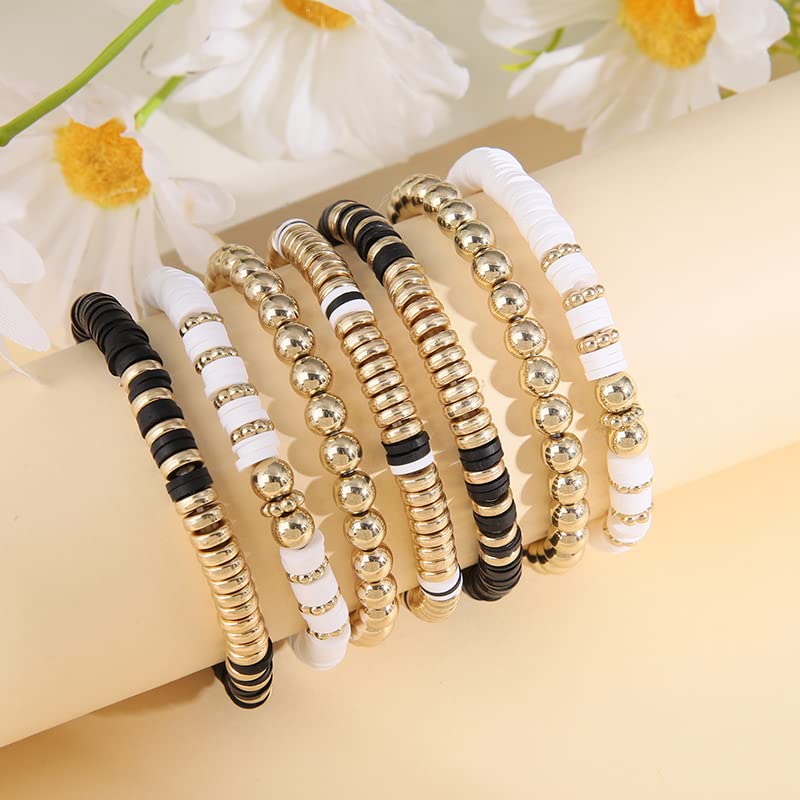 7PCS Surfer Colorful Clay Beads Stretch Bracelets Bohemian Stackable Gold Beads Vinyl Disc Elastic Bracelets Multilayer Summer Beach Jewelry Set-Black