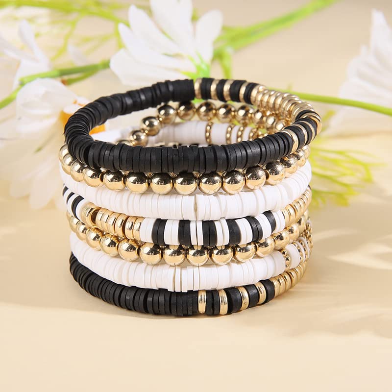 7PCS Surfer Colorful Clay Beads Stretch Bracelets Bohemian Stackable Gold Beads Vinyl Disc Elastic Bracelets Multilayer Summer Beach Jewelry Set-Black