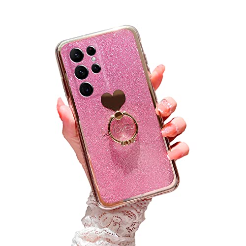 Easyscen Case for Samsung Galaxy S22 Ultra (6.8-inch) Girls Women Cute Luxury Glitter Shiny Sparkly Shell with Ring Stand Heart Slim Soft Shockproof Protective Phone Cover for Galaxy S22 Ultra - Pink