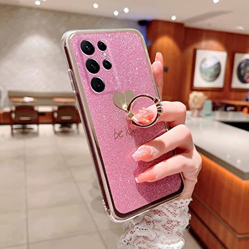 Easyscen Case for Samsung Galaxy S22 Ultra (6.8-inch) Girls Women Cute Luxury Glitter Shiny Sparkly Shell with Ring Stand Heart Slim Soft Shockproof Protective Phone Cover for Galaxy S22 Ultra - Pink