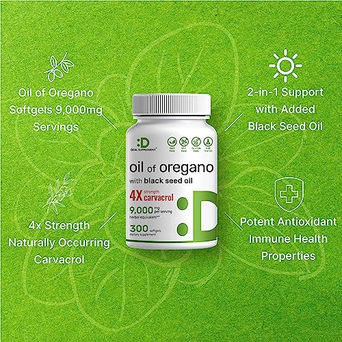 DEAL SUPPLEMENT Oil of Oregano Softgels with Black Seed Oil, 9,000mg Per Serving, 300 Count – 30:1 Extract, Active Carvacrol & Thymoquinone – Antioxidant Immune Health Support – Plant Based, Non-GMO