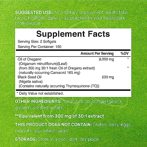 DEAL SUPPLEMENT Oil of Oregano Softgels with Black Seed Oil, 9,000mg Per Serving, 300 Count – 30:1 Extract, Active Carvacrol & Thymoquinone – Antioxidant Immune Health Support – Plant Based, Non-GMO