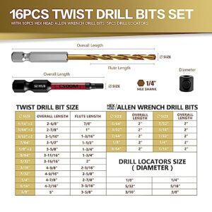 CSOOM 16pcs Twist Drill Bits with 10pcs Impact Magnetic Philips Bits and 6 Piece Drill Locators Set, Made of S2 Alloy Steel, Ideal for Drilling in Metal, Steel, Plastic, Stainless Steel etc