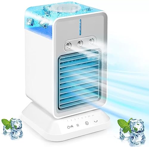 Portable Air Conditioner, 4 IN 1 Evaporative Air Cooler, Personal Mini Air Cooler with 3 Wind Speeds and 3 Cool Mist & 2-4H Timer, 90°Rotation Desktop Cooling Fan for for Home Room Camping Car Office