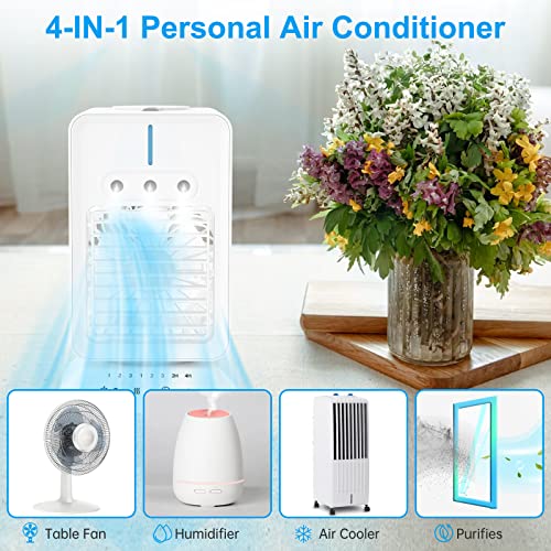 Portable Air Conditioner, 4 IN 1 Evaporative Air Cooler, Personal Mini Air Cooler with 3 Wind Speeds and 3 Cool Mist & 2-4H Timer, 90°Rotation Desktop Cooling Fan for for Home Room Camping Car Office