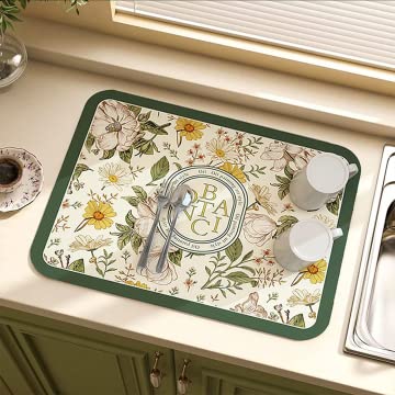 Fantasy Style Draining Mat,Mat Dishes Draining Mat, Silicone Floral Plates Dish Drying Mat,Kitchen Absorbent Dish Draining Mat (F)