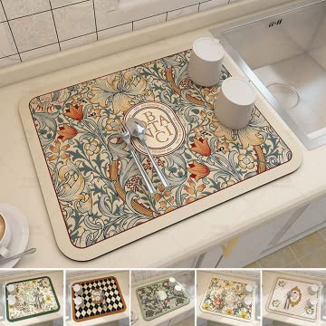 Fantasy Style Draining Mat,Mat Dishes Draining Mat, Silicone Floral Plates Dish Drying Mat,Kitchen Absorbent Dish Draining Mat (F)