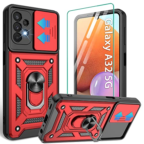 Galaxy A32 5G Case, Samsung Galaxy A32 5G Case with HD Screen Protector, Heavy Duty Shockproof Phone Cover with Magnetic Kickstand Ring for Galaxy A32 5G, Red