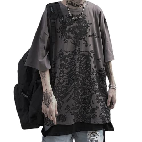 Women Man Y2K Skeleton T-Shirt, Punk Aesthetic Goth Skull Graphic Alternative Grunge Oversized Top Tshirts Streetwear (Gray,4XL,4X-Large)