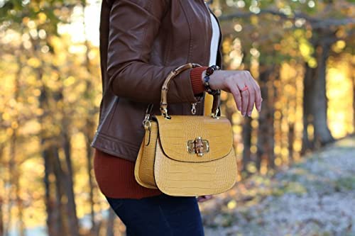 Women Handbag Leather Bamboo Top handle Crossbody bag Elegant Purse Evening bag Gift for Women Handmade Made in Italy (Mustard)