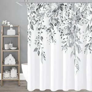 gibelle grey eucalyptus shower curtain, watercolor plant leaves with floral bathroom shower curtain set with hooks, gray white, 72x72