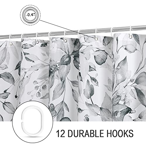 Gibelle Grey Eucalyptus Shower Curtain, Watercolor Plant Leaves with Floral Bathroom Shower Curtain Set with Hooks, Gray White, 72x72