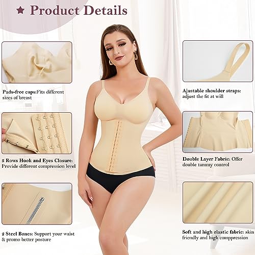 RDSIANE Body Slimming Tank Top For Women V-Neck Cami Shaper Waist Trainer Shapewear Top Tummy Control Beige