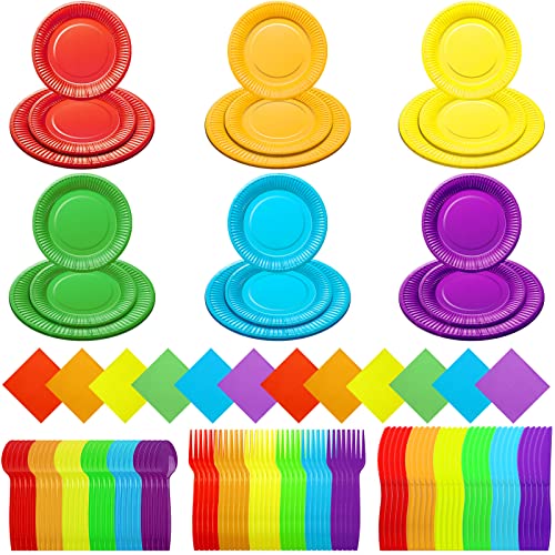 Karenhi 144 Pieces Rainbow Party Supplies Includes 7 Inch 9 Inch Paper Dinner Plates Colorful Cocktail Napkin Plastic Spoons Forks Knives Serve for 24 Guests Birthday Baby Shower Party Supplies