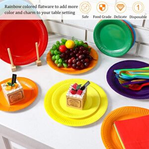 Karenhi 144 Pieces Rainbow Party Supplies Includes 7 Inch 9 Inch Paper Dinner Plates Colorful Cocktail Napkin Plastic Spoons Forks Knives Serve for 24 Guests Birthday Baby Shower Party Supplies