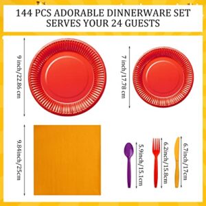 Karenhi 144 Pieces Rainbow Party Supplies Includes 7 Inch 9 Inch Paper Dinner Plates Colorful Cocktail Napkin Plastic Spoons Forks Knives Serve for 24 Guests Birthday Baby Shower Party Supplies