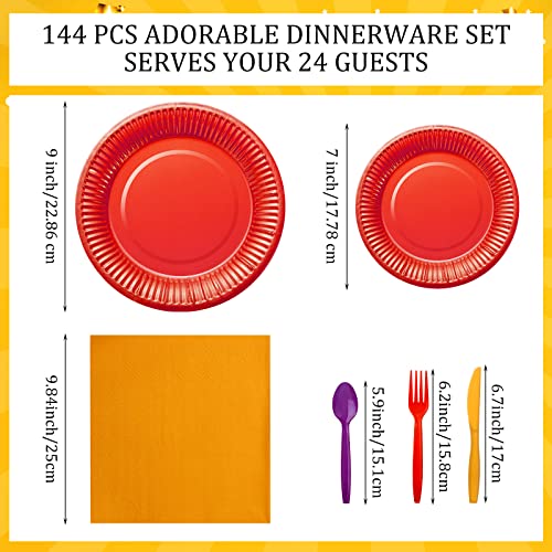 Karenhi 144 Pieces Rainbow Party Supplies Includes 7 Inch 9 Inch Paper Dinner Plates Colorful Cocktail Napkin Plastic Spoons Forks Knives Serve for 24 Guests Birthday Baby Shower Party Supplies